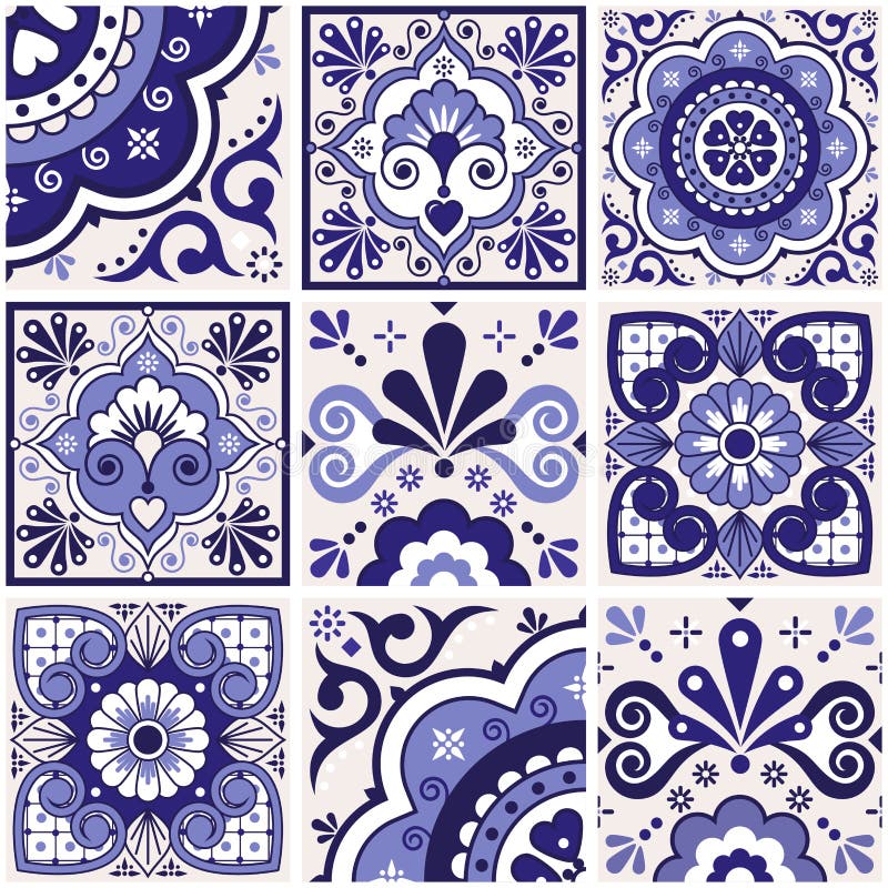 Mexican Talavera Tile Seamless Pattern Vector 4 Designs with Flowers ...