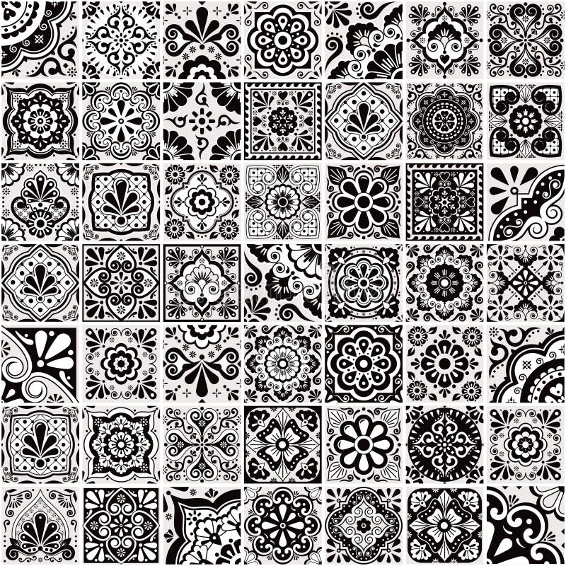 Mexican Talavera Tiles Vector Seamless Pattern- Big 49 Different Black ...