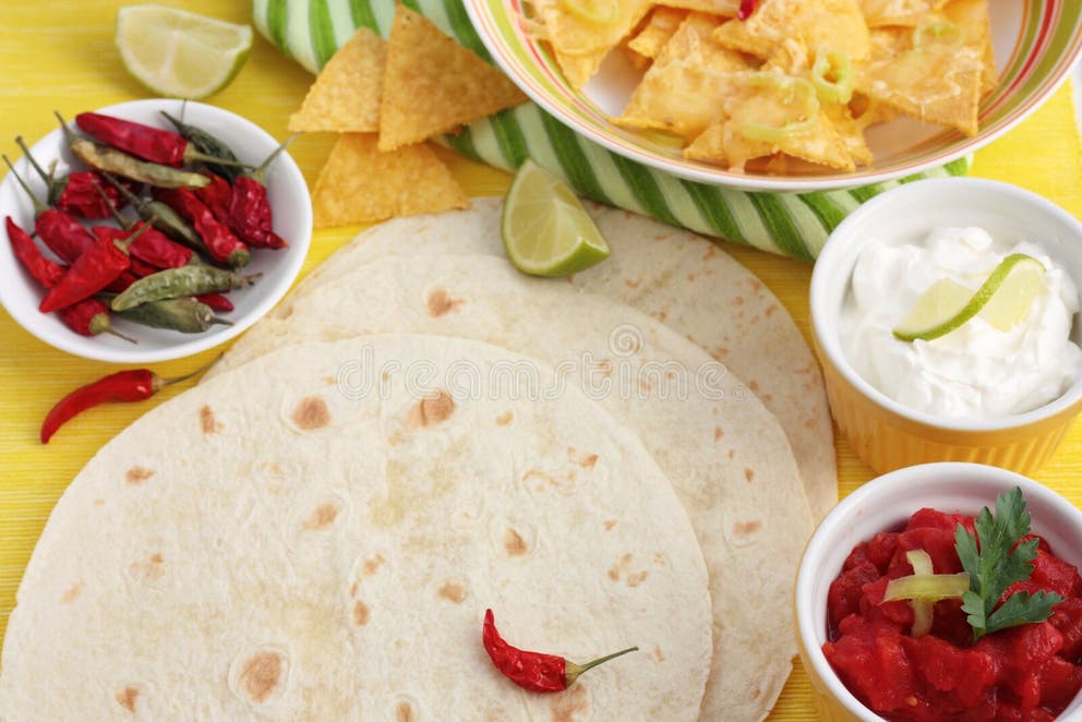 Mexican Tortillas with Nachos and Dips Stock Photo - Image of cream ...