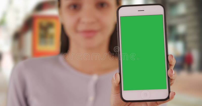 Mexican Woman Holding Smartphone with Green Screen Stock Photo - Image ...