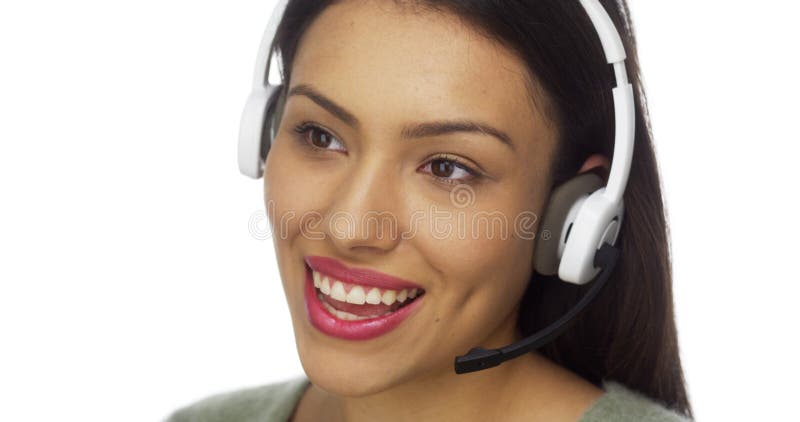 Mexican Woman Telemarketer Talking and Smiling Stock Photo - Image of ...
