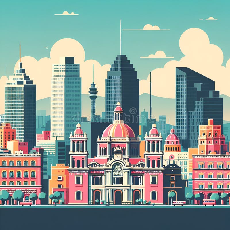 Mexico City Flat Vector City Skyline Stock Illustration - Illustration ...