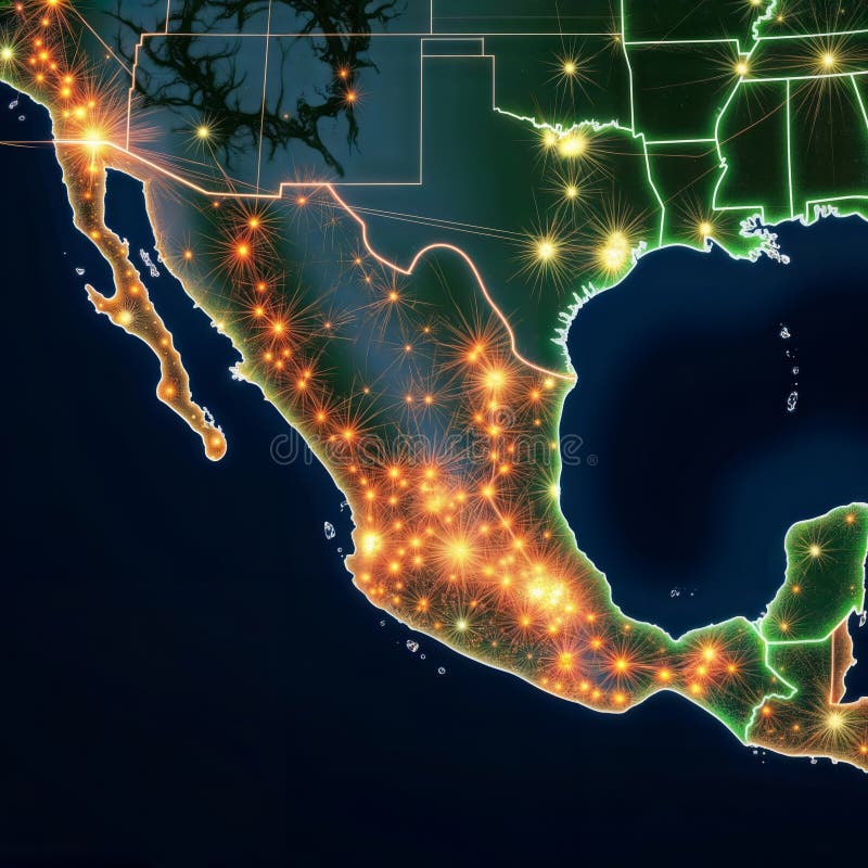 Stylized Map of Mexico with Glowing Roads and Cities, Generative Ai ...