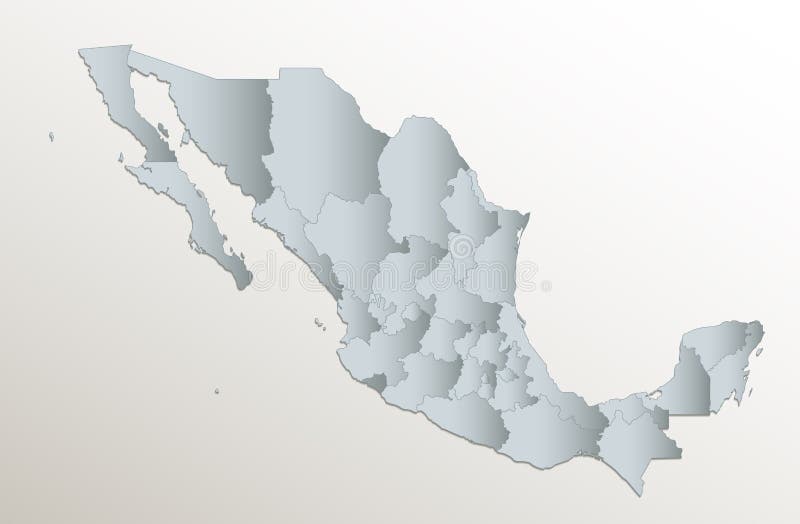 Mexico Map, Administrative Division, White Blue Card Paper 3D Blank ...