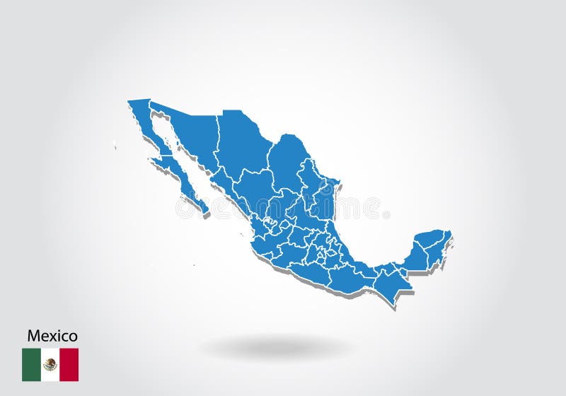 Mexico Map Design with 3D Style. Blue Mexico Map and National Flag ...