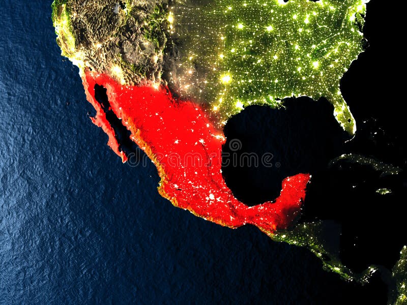 Mexico in Red from Space at Night Stock Illustration - Illustration of ...
