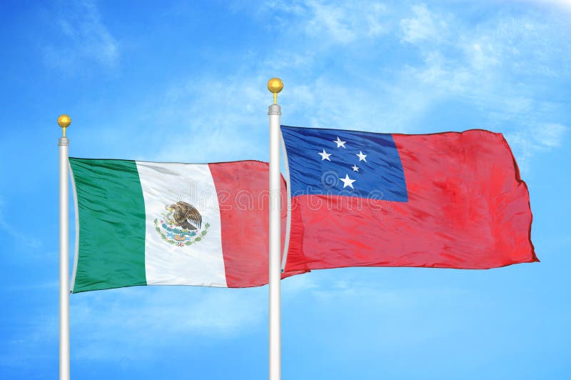 Mexico and Samoa Two Flags on Flagpoles and Blue Cloudy Sky Stock ...