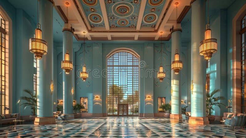 Miami Art Deco Hotel Lobby Geometric Patterns, Pastel Colors, Dramatic ...