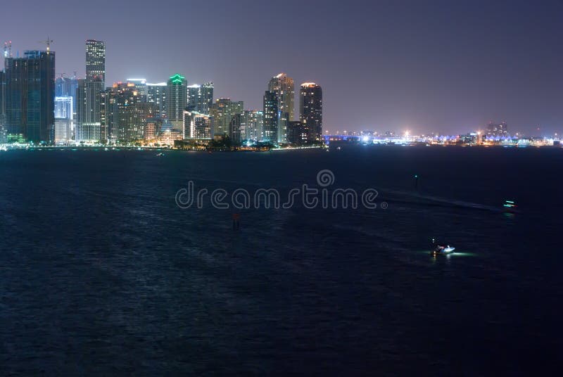 Miami Bayfront Skyline and Port at Night Stock Photo - Image of water ...