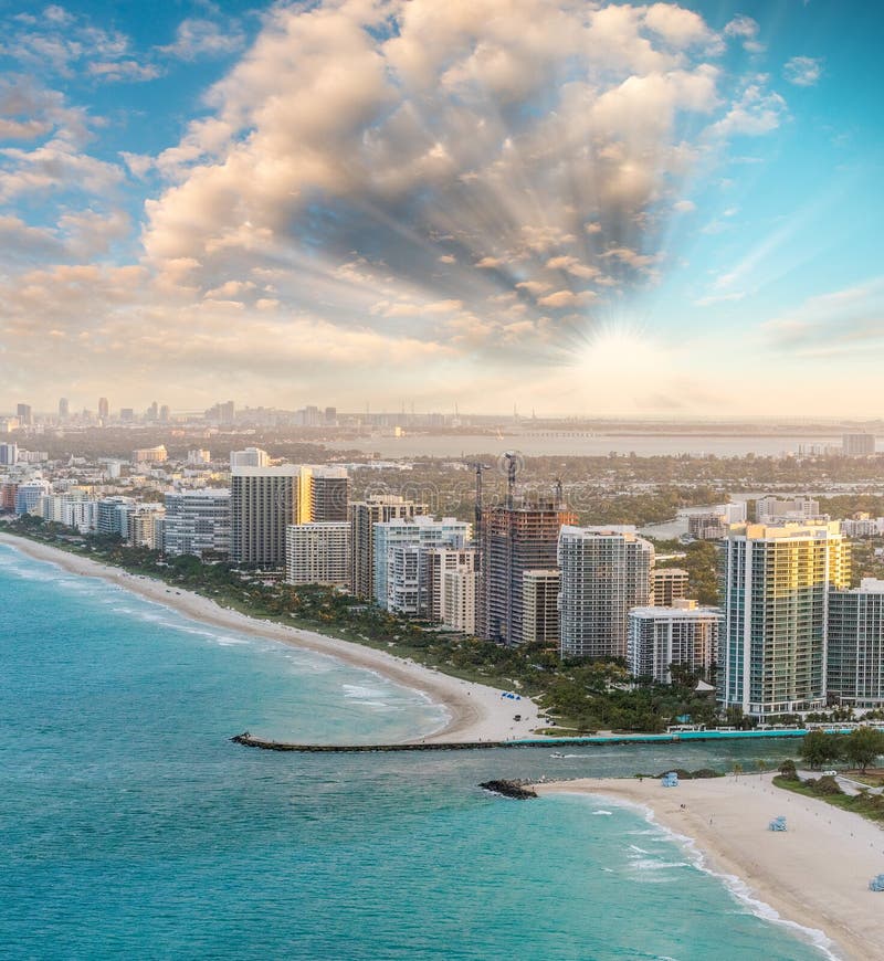 Miami Beach Aerial Skyline at Dusk, Florida Stock Photo - Image of ...