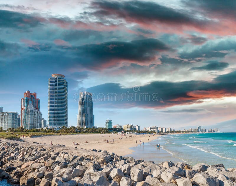 Miami Beach Buildings at Sunset from South Pointe Park Stock Photo ...