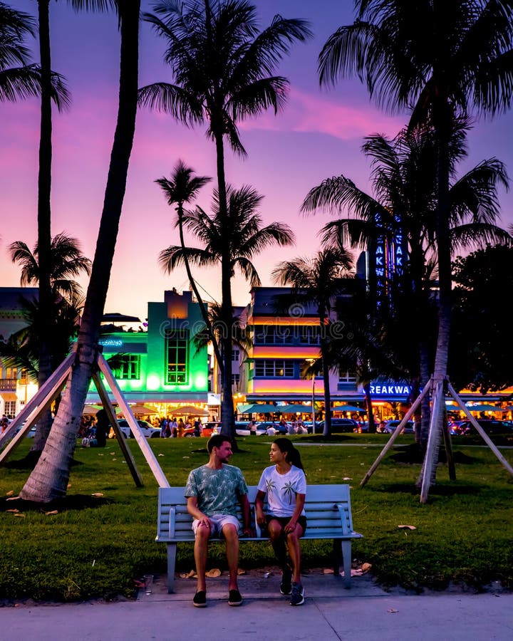 Miami Beach, Colorful Art Deco District at Night Miami Florida ...
