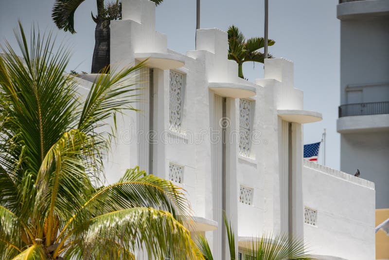 Miami Beach Deco Architecture Buildings and Palm Trees Stock Photo ...