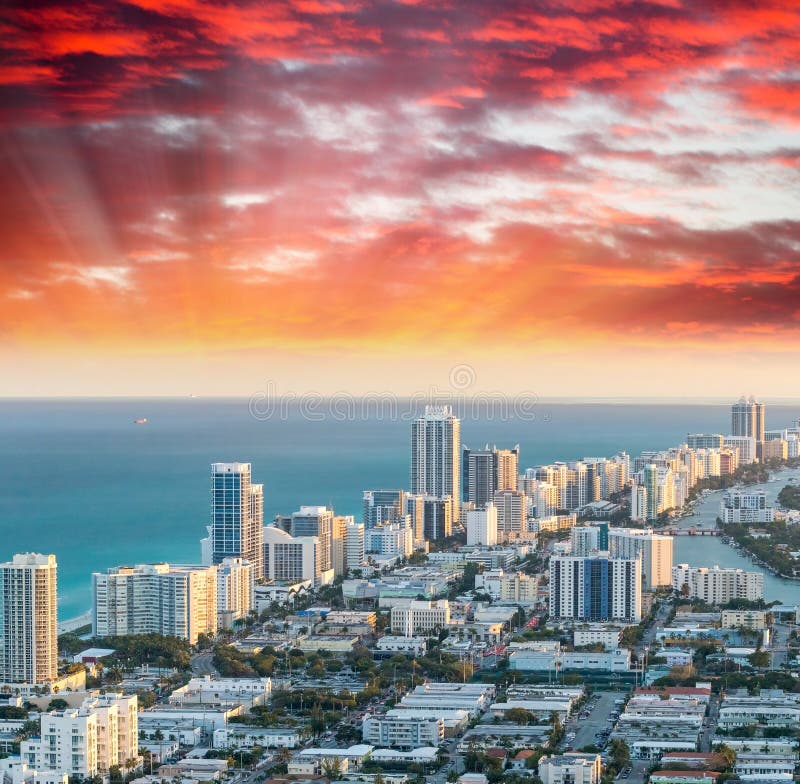 Miami Beach, Florida. Beautiful Aerial Skyline at Sunset Stock Image ...