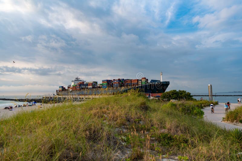 Miami Beach, Florida USA - April 18, 2021: Cargo Ship with Containers ...