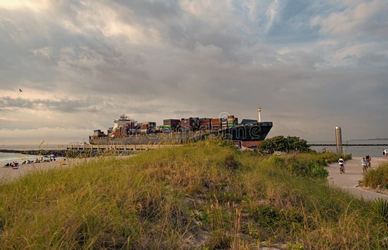 Miami Beach, Florida USA - April 18, 2021: Cargo Ship with Containers ...