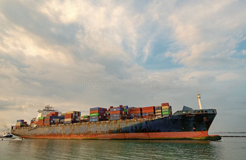 Miami Beach, Florida USA - April 18, 2021: Cargo Ship with Containers ...