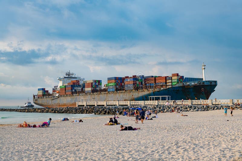 Miami Beach, Florida USA - April 18, 2021: Cargo Ship with Containers ...