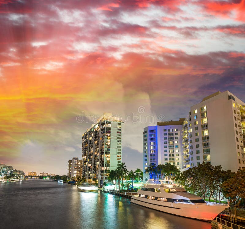Miami Beach at Night. Beautiful Buildings Reflections Stock Image ...
