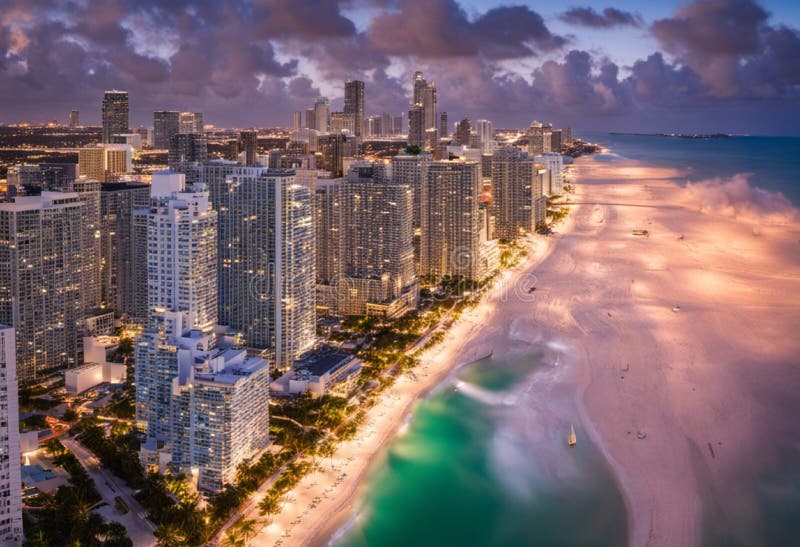 Miami Beach Skyline at Dusk. Aerial View Stock Illustration ...
