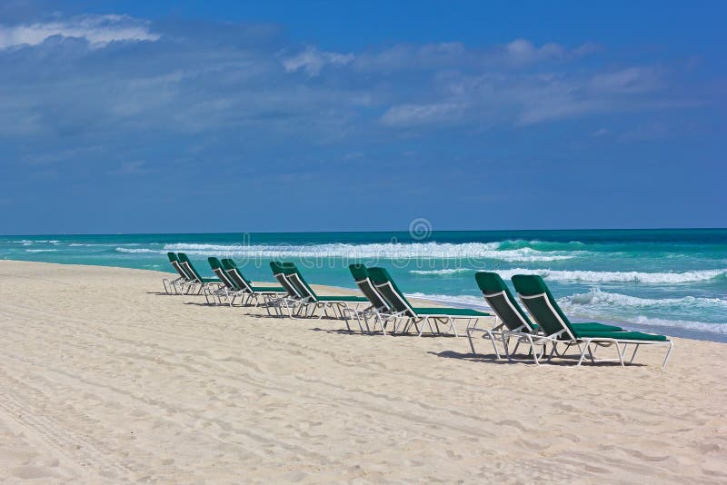 Miami Beach in Spring with Rolling Waves and Empty Beach Chairs. Stock ...