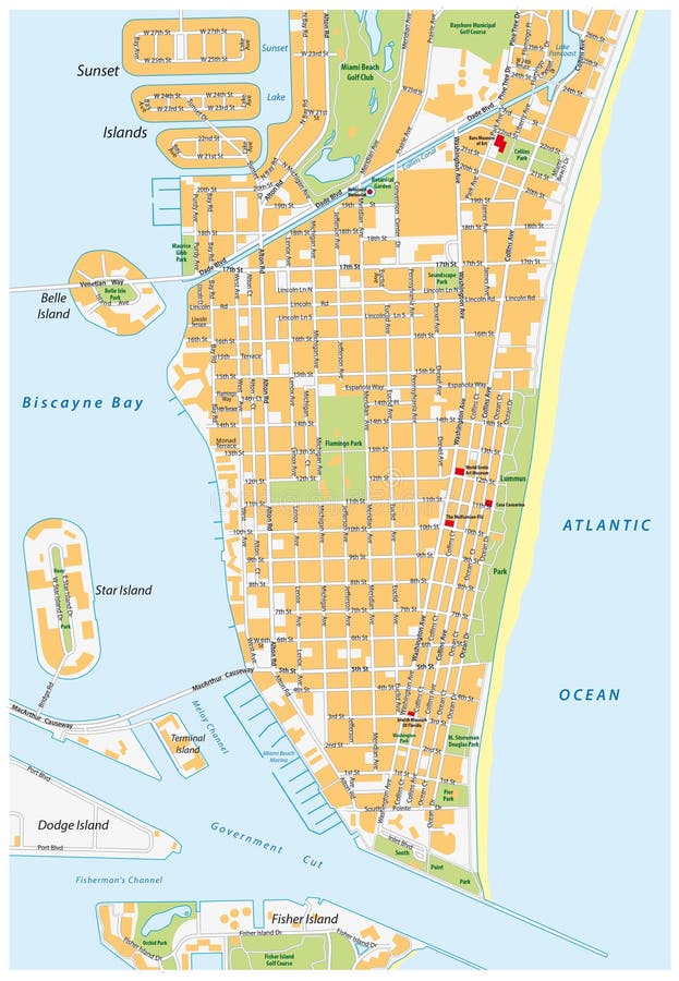 Miami-Beach Street Map, Florida Stock Illustration - Illustration of ...