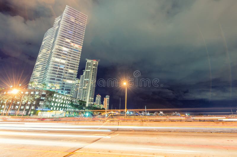 Miami Buildings at Night. Beautiful City Skyline Stock Photo - Image of ...