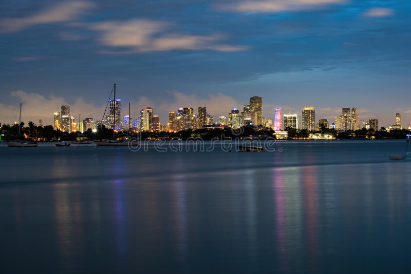 Miami City Night. Panoramic View of Miami Skyline and Coastline. Stock ...