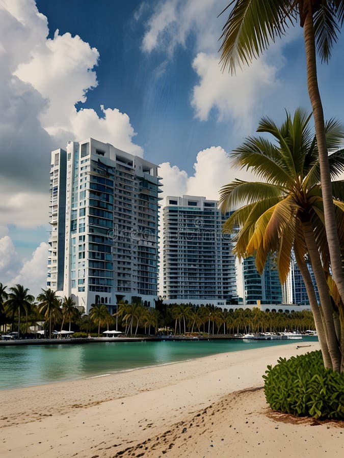 Miami City View Watercolor Art Stock Illustration - Illustration of ...