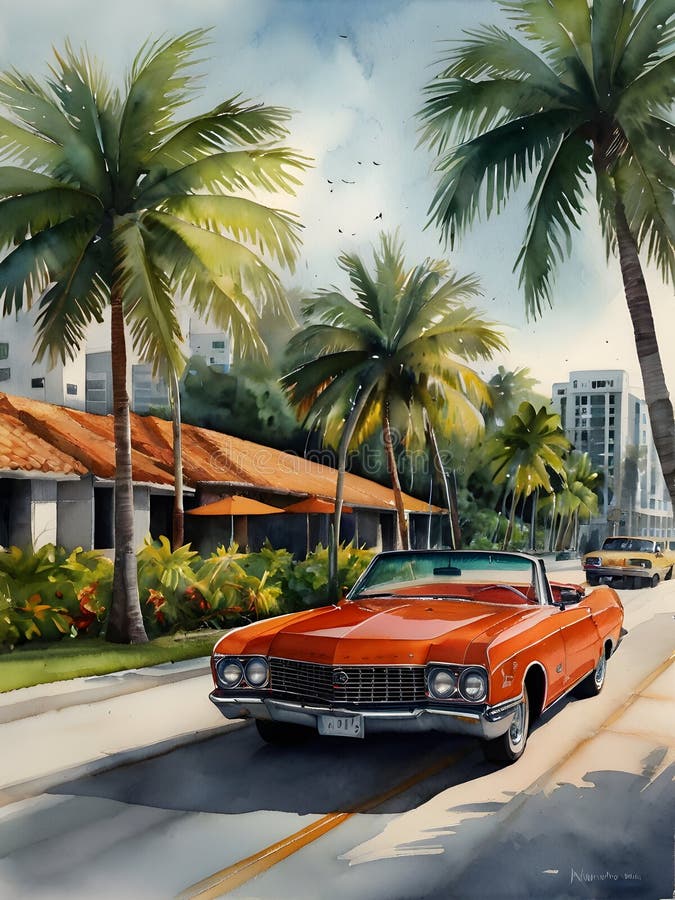 Miami City View Watercolor Art Stock Illustration - Illustration of ...