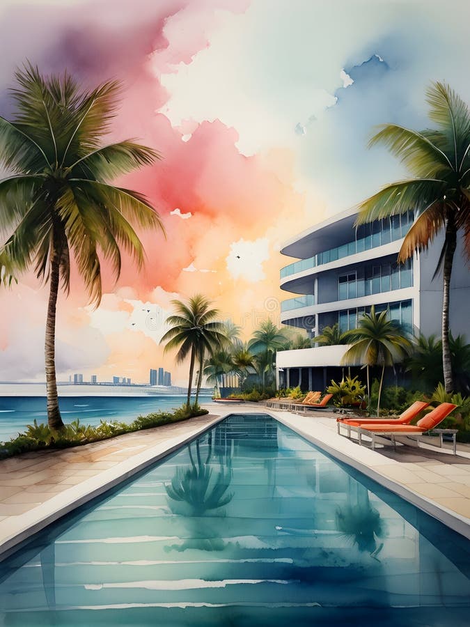 Miami City View Watercolor Art Stock Illustration - Illustration of ...