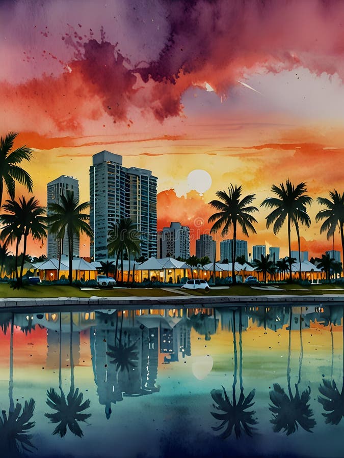 Miami City View Watercolor Art Stock Illustration - Illustration of ...