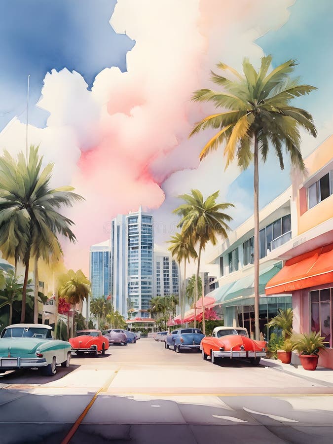 Miami City View Watercolor Art Stock Illustration - Illustration of ...
