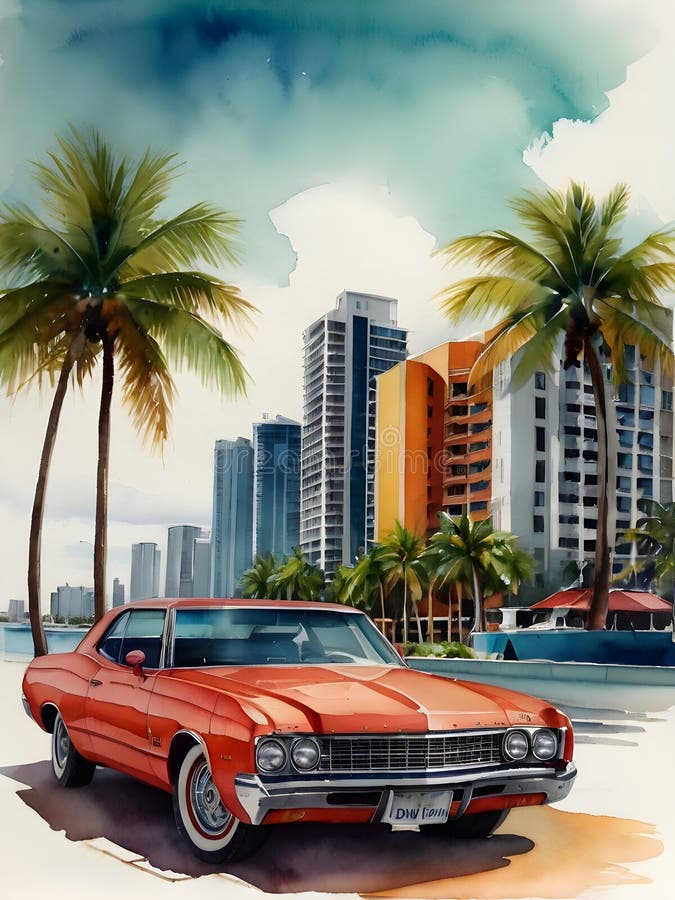 Miami City View Watercolor Art Stock Illustration - Illustration of ...