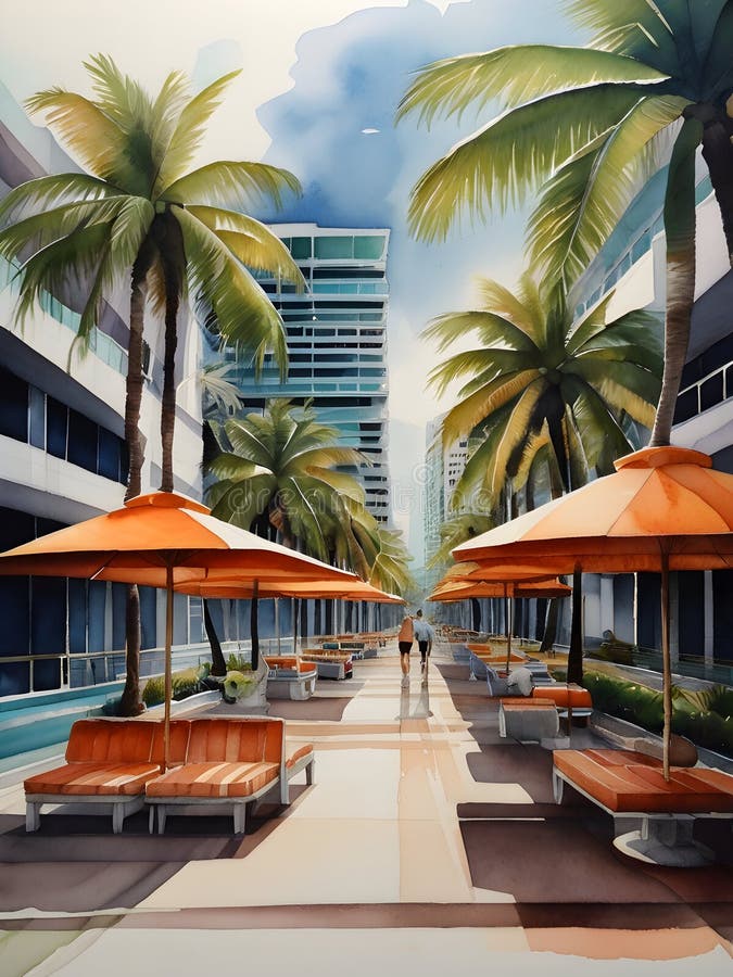 Miami City View Watercolor Art Stock Illustration - Illustration of ...