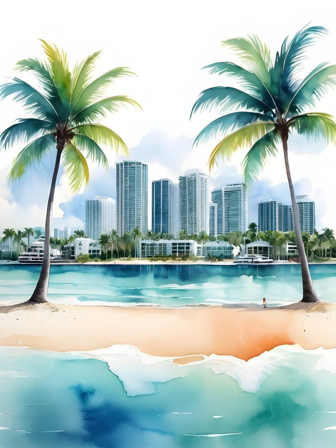 Miami City View Watercolor Art Stock Illustration - Illustration of ...