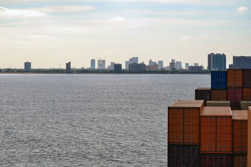 Miami Coast Line Seen from a Cargo Ship Stock Photo - Image of ...