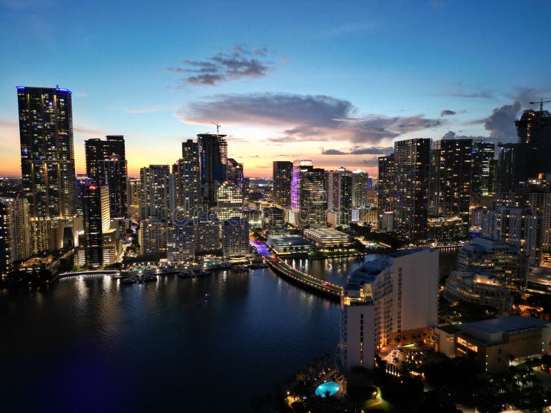 Miami Downtown Skyline by Drone at Sunset Stock Image - Image of dusk ...