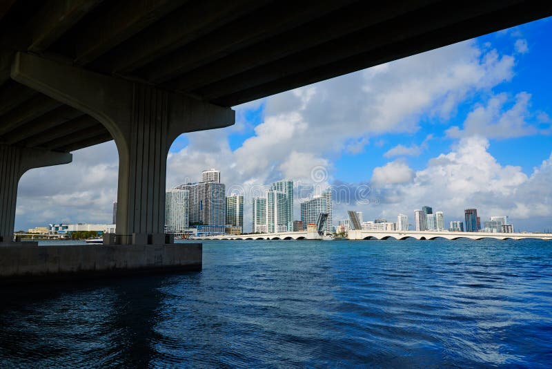Miami Downtown Skyline Under Bridge Florida Stock Image - Image of ...
