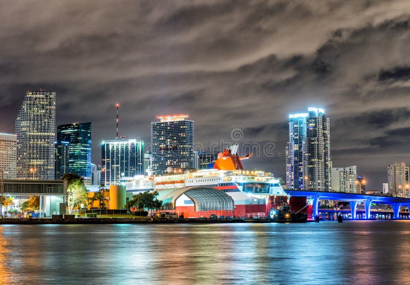 Miami, Florida. City Skyline at Night with Water Reflections Stock ...