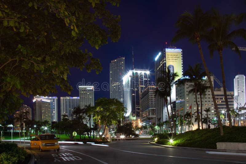 Miami Florida Downtown Night Scene Editorial Image - Image of office ...