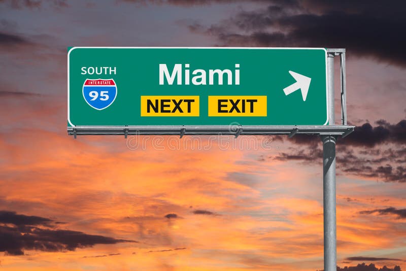 Mianai Florida Route 95 Freeway Next Exit Sign with Sunset Sky Stock ...