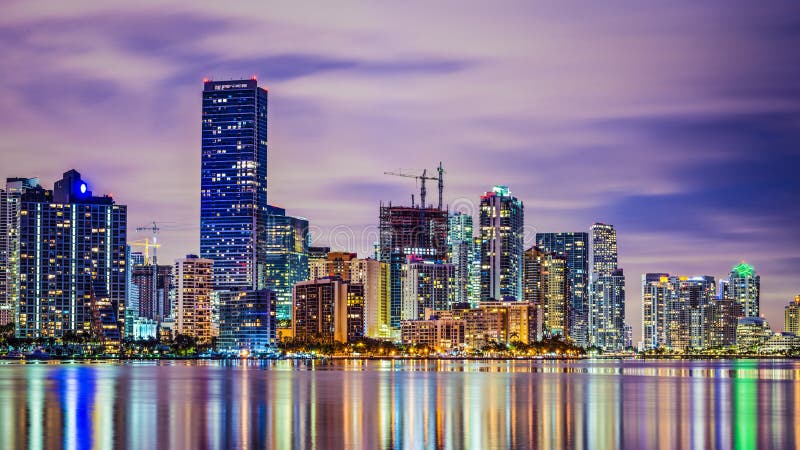 City of Miami Florida, Colorful Sunset Panorama Stock Image - Image of ...