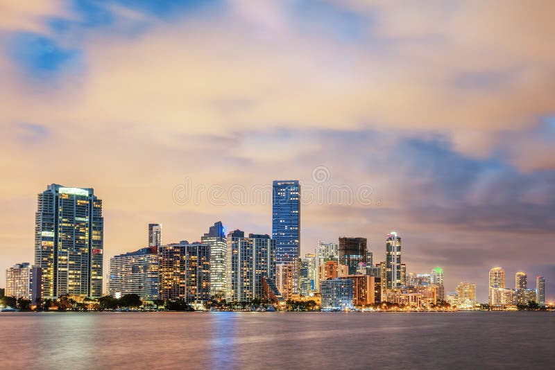 City of Miami Florida, Colorful Sunset Panorama Stock Image - Image of ...