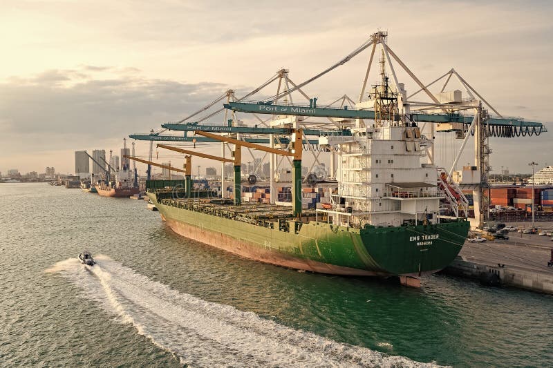 Miami, Florida USA - March 18, 2016: Cargo Ship Transportation with ...