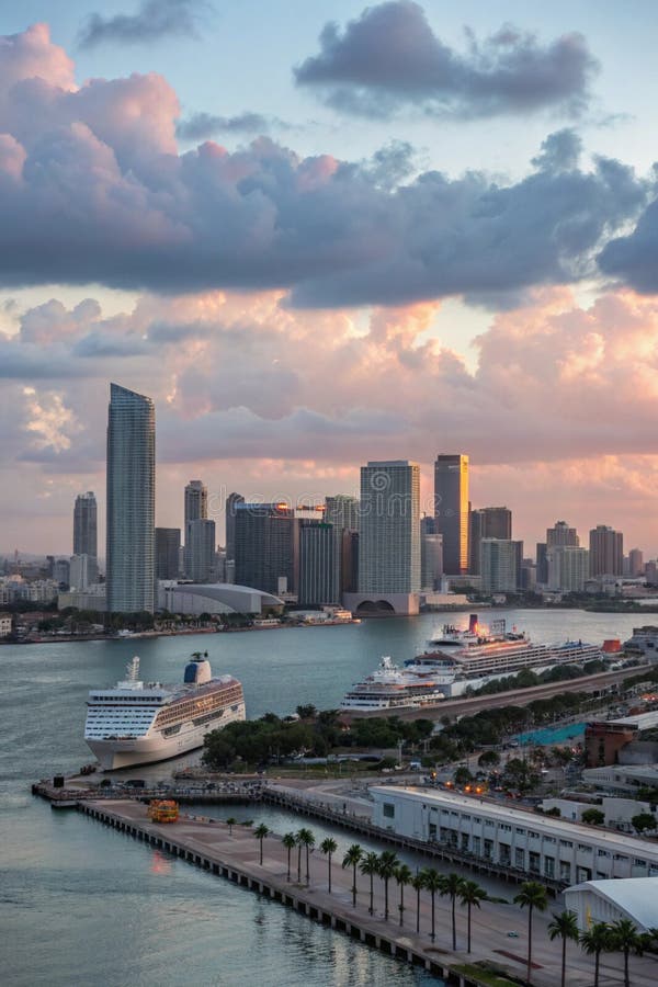 Miami, Florida, USA Port Skyline at Dawn Stock Illustration ...
