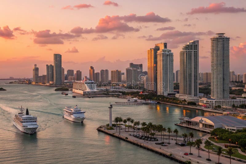 Miami, Florida, USA Port Skyline at Dawn Stock Illustration ...
