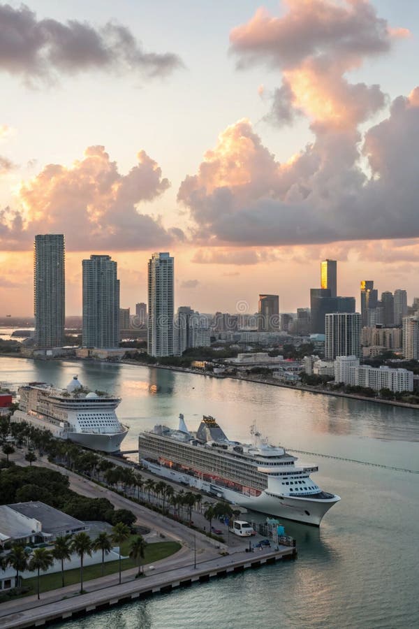 Miami, Florida, USA Port Skyline at Dawn Stock Illustration ...