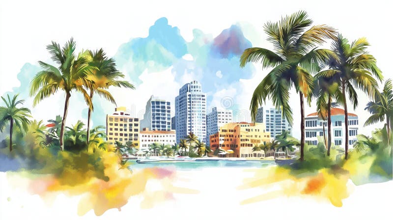 Miami. Miami Hand Drawn Watercolor Illustration Stock Illustration ...