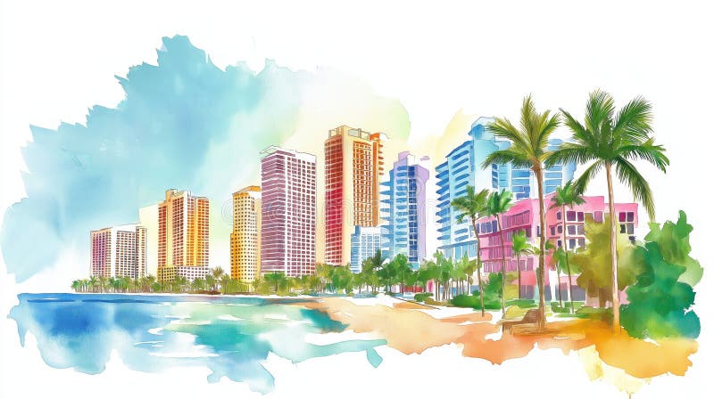 Miami. Miami Hand Drawn Watercolor Illustration Stock Illustration ...